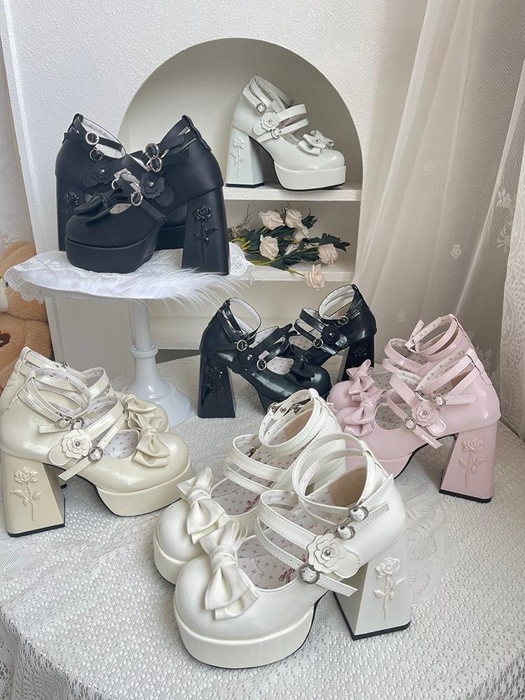 11 cm Sweet Lolita Shoes with High Platform & Rose Print Heel