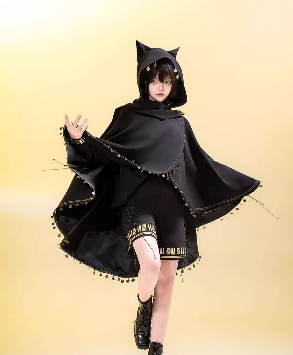 Black Ouji Lolita Cape with Cool Cat Ear Hood