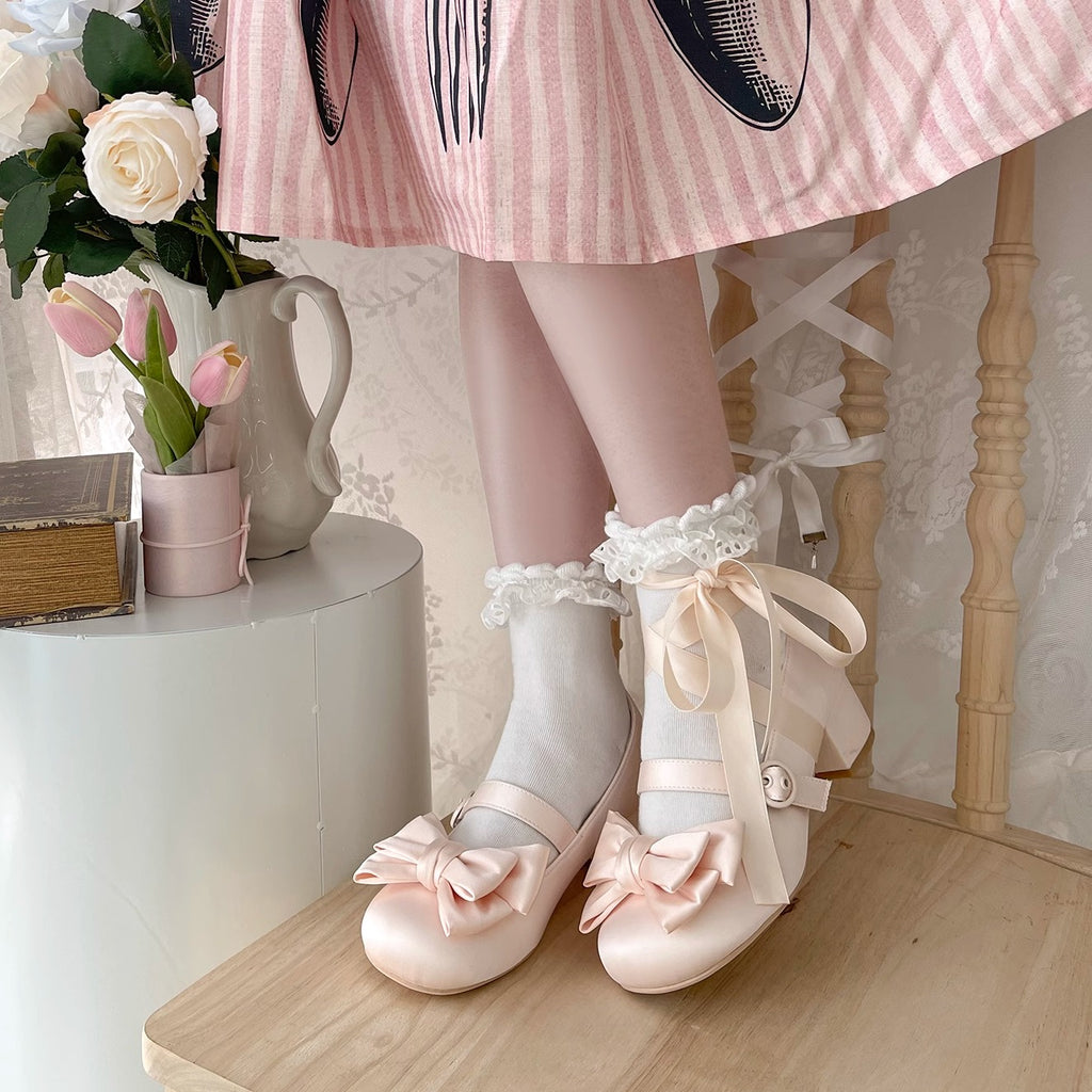 Sweet Lolita Shoes Satin Low Chunky Heels with Bow